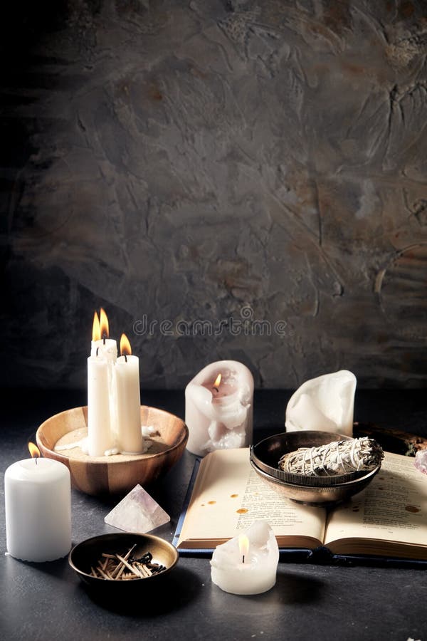 Magic Book, Sage, Burning Candles and Ritual Staff Stock Photo - Image ...