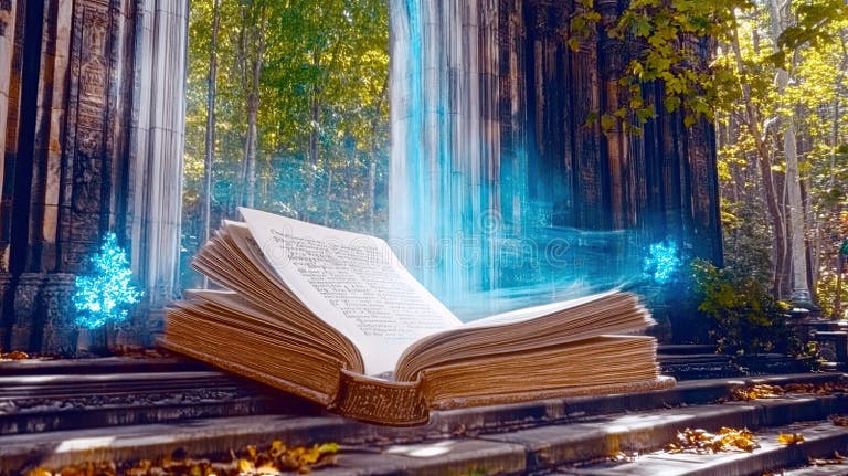 Magic Book Soars through Enchanted Gate Surrounded by Mystical Tree ...