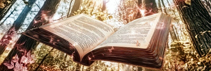 Magic Book Soars through Enchanted Gate Surrounded by Mystical Tree ...