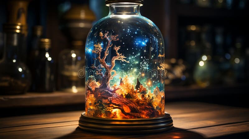 Magic Bottle with Mystical Landscape and Magic Neon Light, Concept of ...
