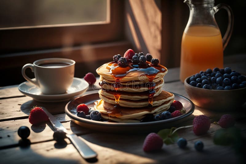 Magic Breakfast with Pancakes Berries and Coffee Stock Illustration ...