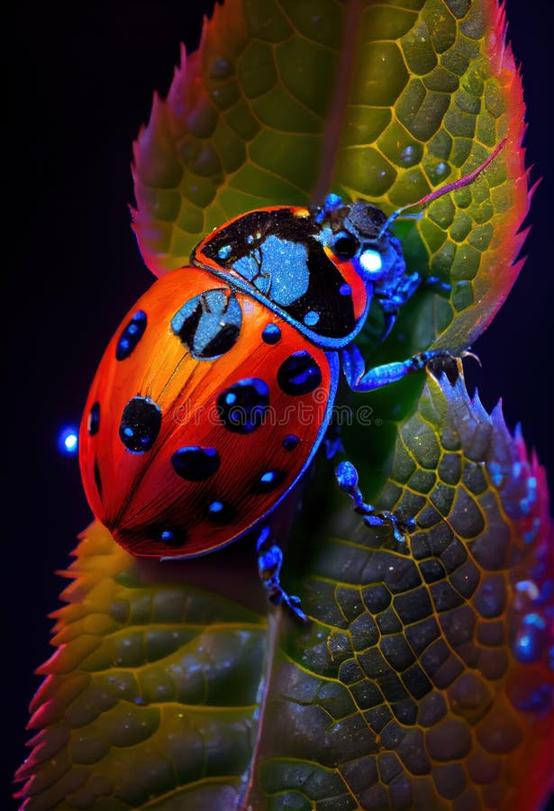 The Magic of Bugs Neon Light, Red Ladybug on a Tree Leaf Stock ...