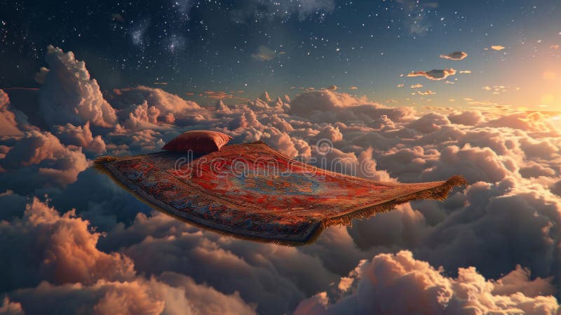 Magic Carpet Flying Above the Clouds at Sunset, Fantasy Adventure ...