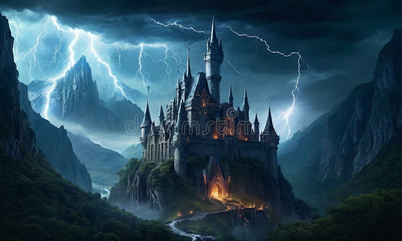 Magic Castle on a Background of Lightning Stock Illustration ...