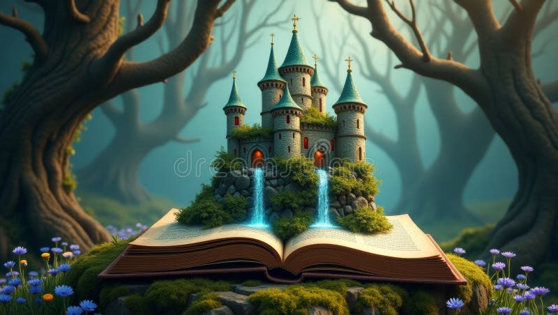 Magic Castle Appearing on an Open Book in an Enchanted Forest Stock ...