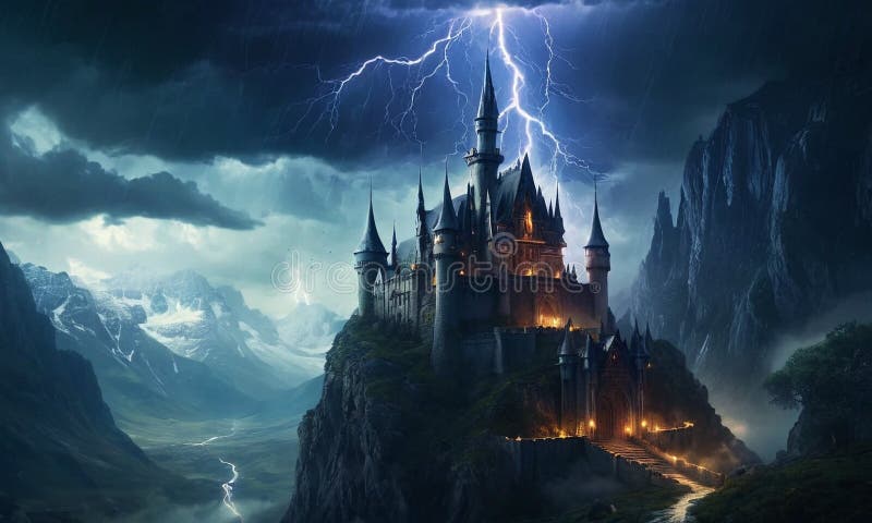 Magic Castle on a Background of Lightning Stock Illustration ...