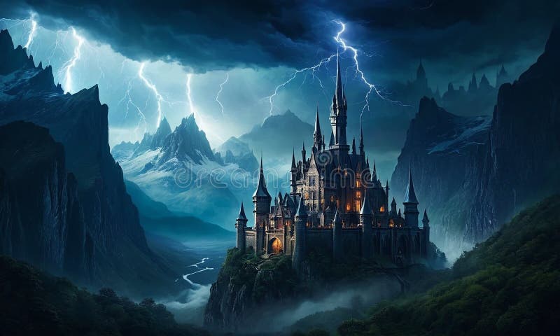 Magic Castle on a Background of Lightning Stock Illustration ...