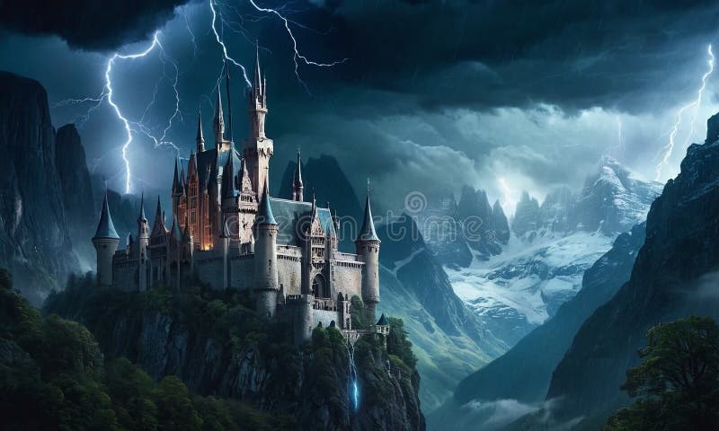 Magic Castle on a Background of Lightning Stock Illustration ...