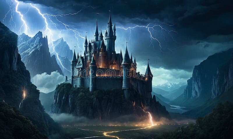 Magic Castle on a Background of Lightning Stock Illustration ...