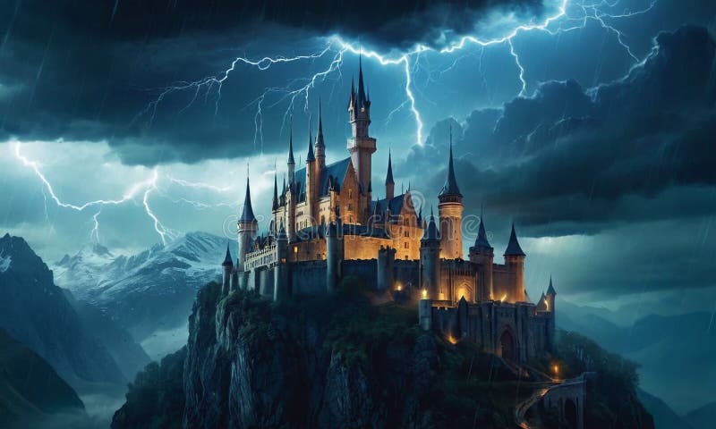 Magic Castle on a Background of Lightning Stock Illustration ...