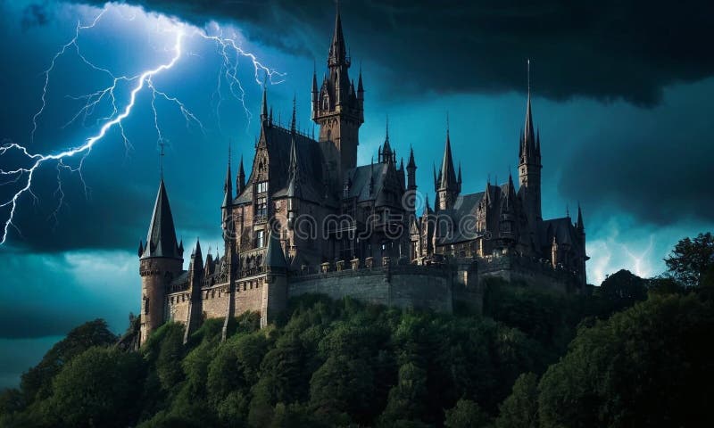 Magic Castle on a Background of Lightning Stock Illustration ...