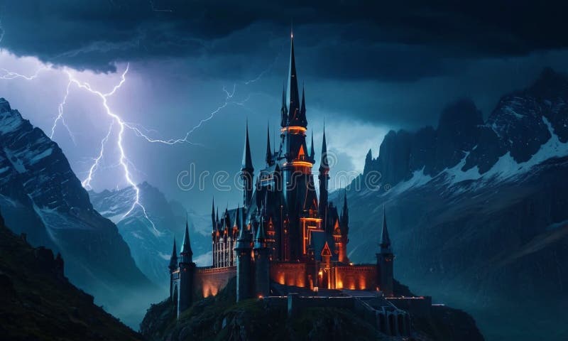 Magic Castle on a Background of Lightning Stock Illustration ...