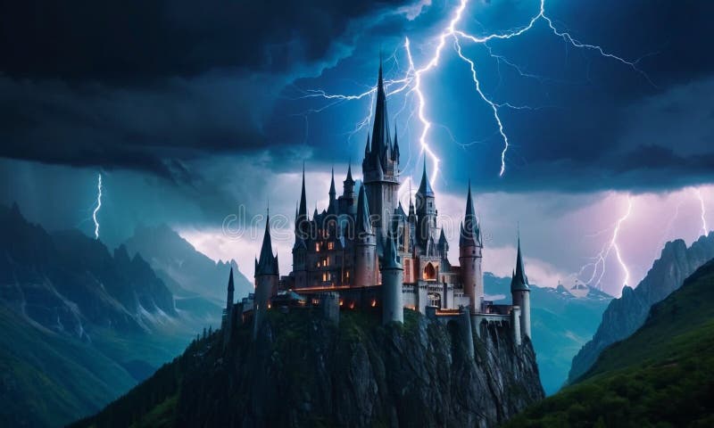 Magic Castle on a Background of Lightning Stock Illustration ...
