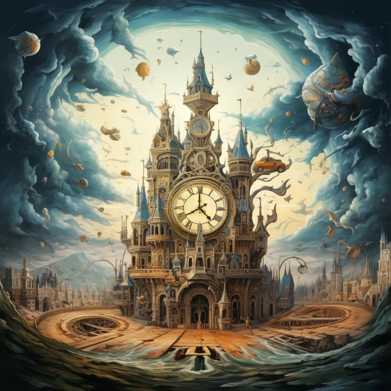 Magic castle with clocks stock illustration. Illustration of comics - 330058404