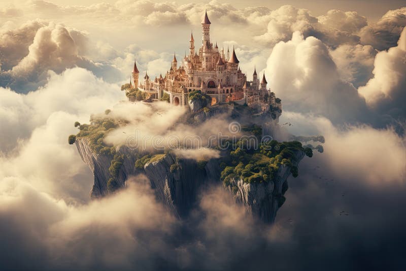 Magic Castle in the Clouds. Fantastic Fantasy Landscape Stock Photo ...