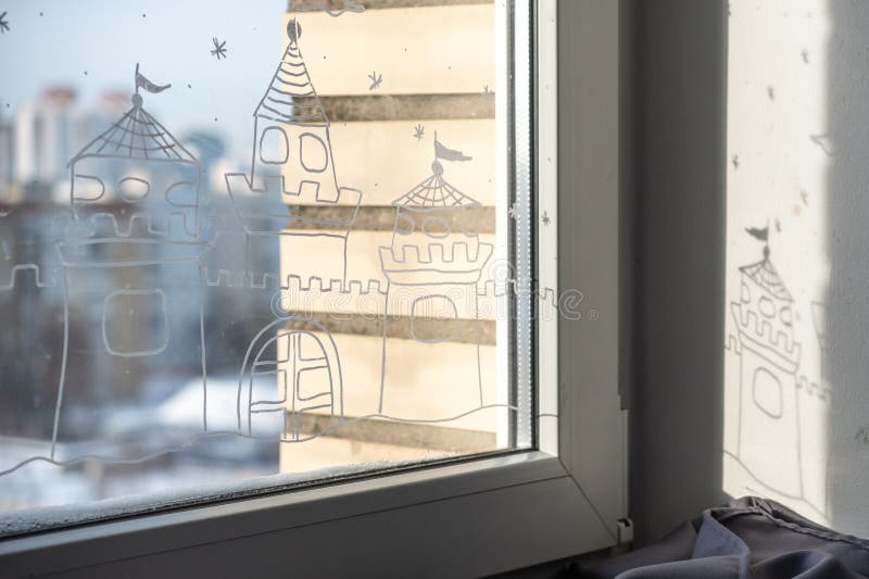 A Magic Castle Drawn with a Special Marker for Glass on a Window in a ...