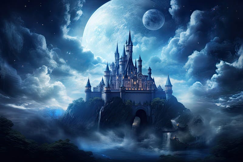 Magic Castle in Fantasy Landscape with Full Moon. 3D Rendering, AI ...