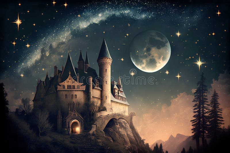 Magic Castle in the Night Sky with Full Moon and Stars. Fantasy ...