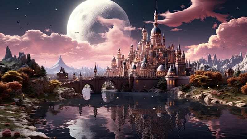 Magic Castle in Pink Sunset Lights Stock Photo - Image of castle ...