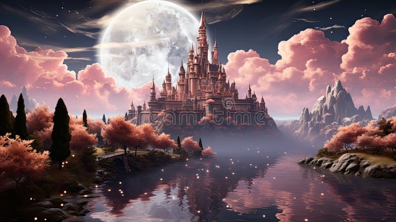Magic Castle in Pink Sunset Lights Stock Image - Image of cartoon ...