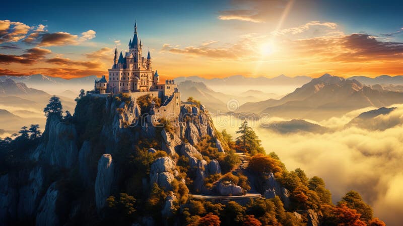 A Magic Castle Rising on the Top of the Mountain, Under the Rays of the ...