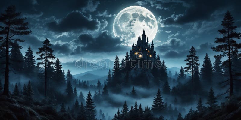 Magic Castle Silhouette Over Full Moon at Mysterious Night. Fantasy ...