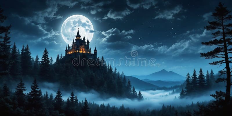 Magic Castle Silhouette Over Full Moon at Mysterious Night. Fantasy ...