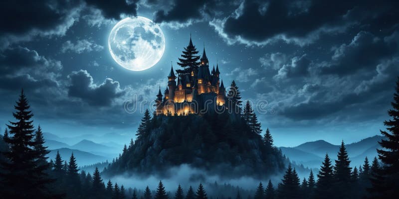 Magic Castle Silhouette Over Full Moon at Mysterious Night. Fantasy ...
