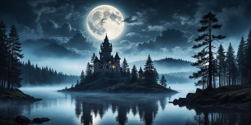 Magic Castle Silhouette Over Full Moon at Mysterious Night. Fantasy ...