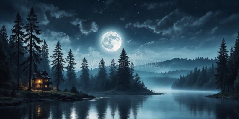 Magic Castle Silhouette Over Full Moon at Mysterious Night. Fantasy ...