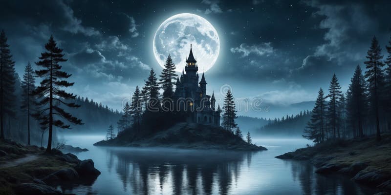 Magic Castle Silhouette Over Full Moon at Mysterious Night. Fantasy ...