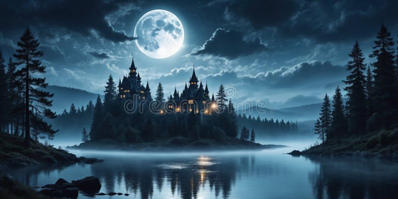 Magic Castle Silhouette Over Full Moon at Mysterious Night. Fantasy ...