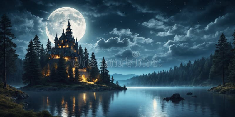 Magic Castle Silhouette Over Full Moon at Mysterious Night. Fantasy ...