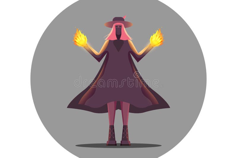 Magic Character. a Girl in a Raincoat and Hat. Hands on Fire. Vector ...