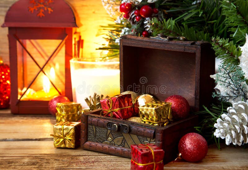 Magic Chest Full of Gifts, Christmas Setting Stock Photo - Image of ...