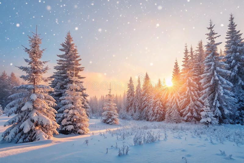 Magic Christmas Nature in Morning. Trees with Snow Illuminated by Warm ...