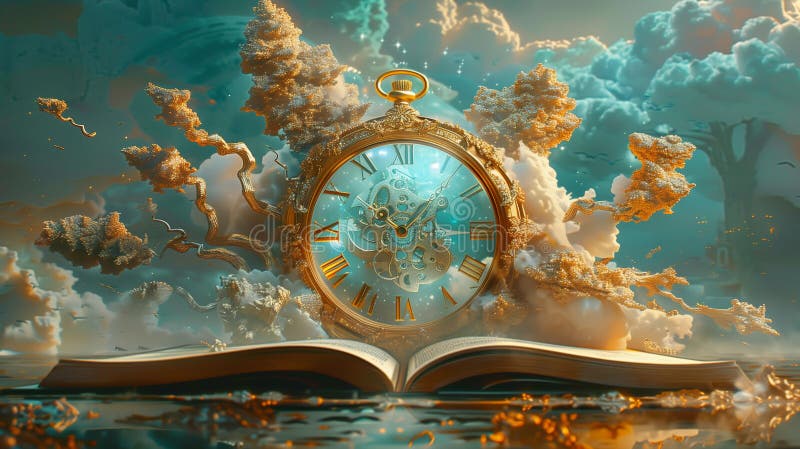 A Magic Clock Over an Open Book among the Clouds. AI Generated Stock ...
