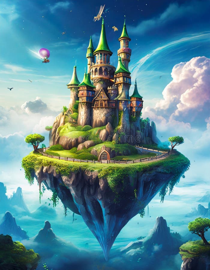 A Magic Cloud Castle on a Floating Island Stock Illustration ...