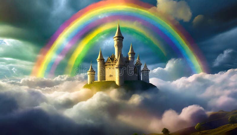 A Magic Cloud Castle Under the Rainbow Stock Illustration ...