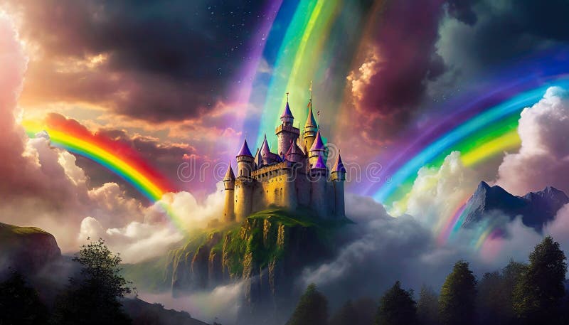 A Magic Cloud Castle Under the Rainbow Stock Illustration ...