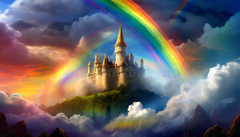 A Magic Cloud Castle Under the Rainbow Stock Illustration ...