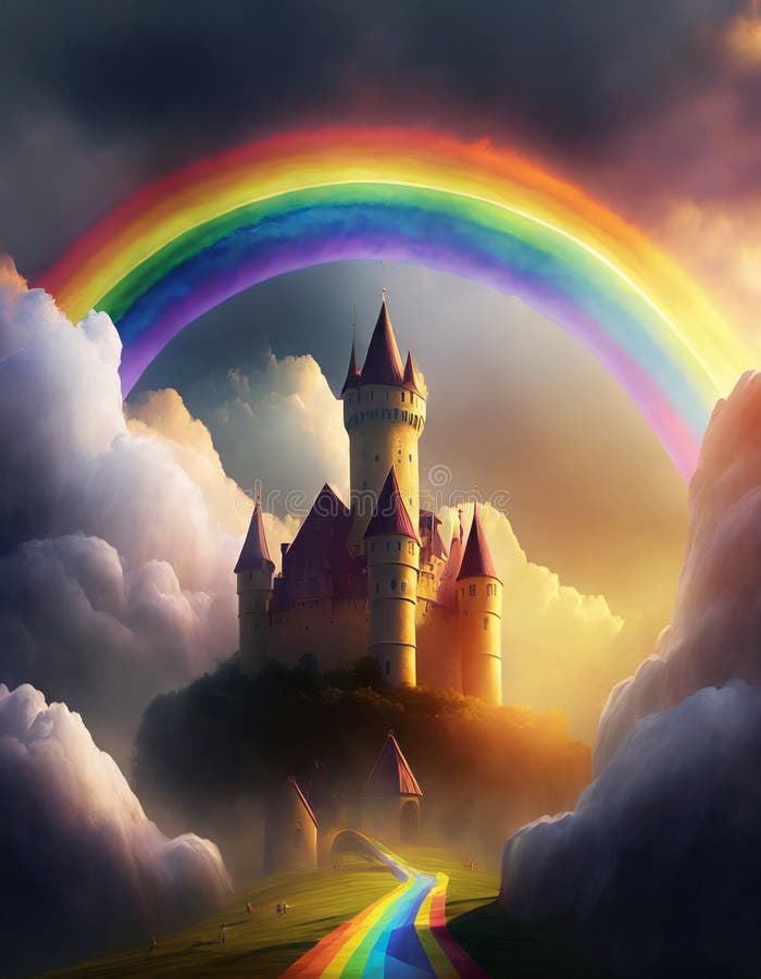 A Magic Cloud Castle Under the Rainbow Stock Illustration ...