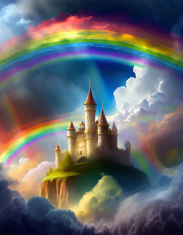 A Magic Cloud Castle Under the Rainbow Stock Illustration ...