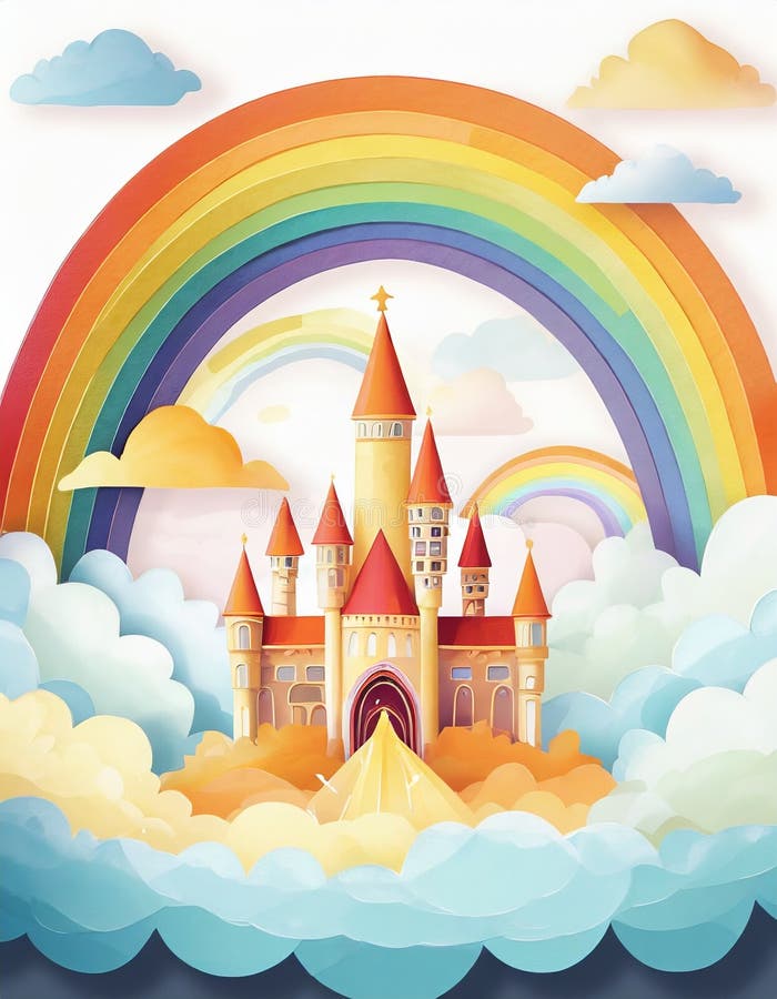 A Magic Cloud Castle Under the Rainbow Stock Illustration - Illustration of fantasyland ...