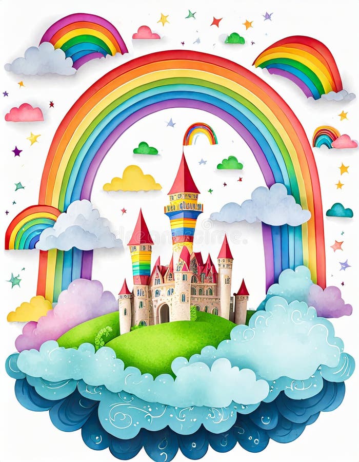 A Magic Cloud Castle Under the Rainbow Stock Illustration ...