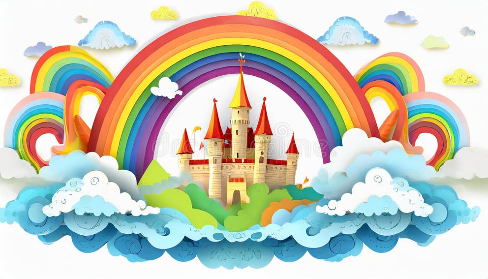 A Magic Cloud Castle Under the Rainbow Stock Illustration ...