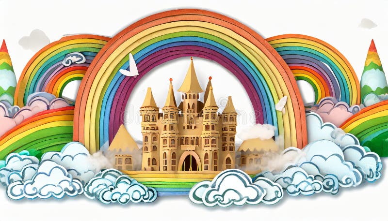 A Magic Cloud Castle Under the Rainbow Stock Illustration ...