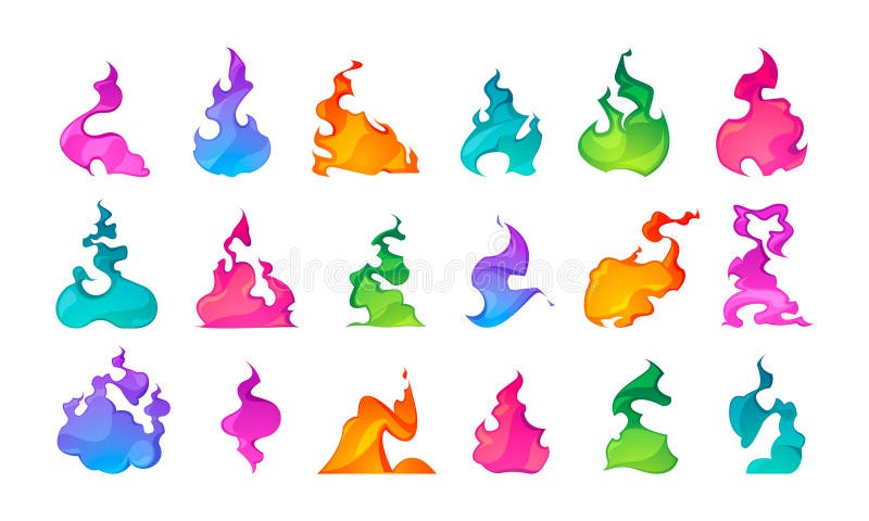 Magic Colorful Fire. Cartoon Fantasy Magic Spell and Various Flame ...