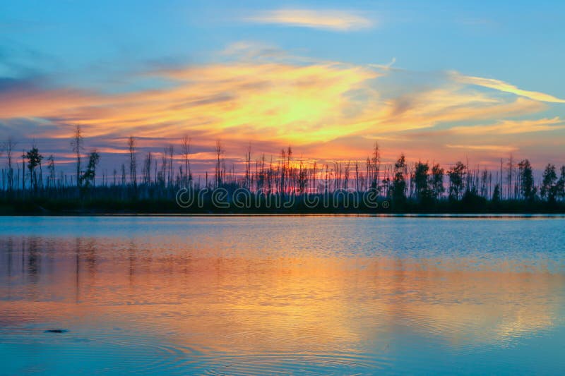 Magic Colors Sunset on the Lake Reflection Forest Stock Photo - Image ...