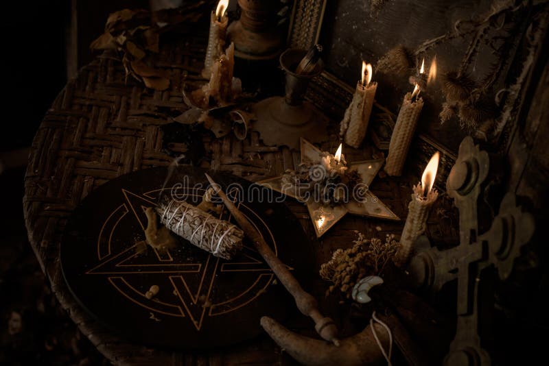 Magic Concept. Paganism and Wicca Rite, Altar of Witch Stock Photo ...